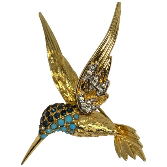 Avon | Jewelry | Vintage Avon Gold Tone Hummingbird Brooch Blue ...